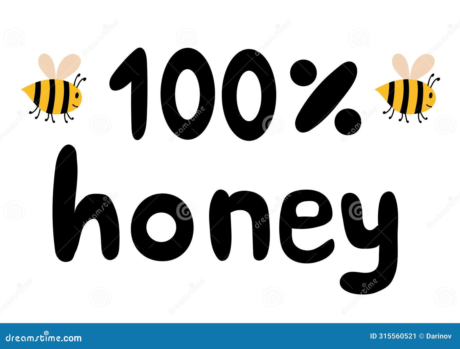 Lettering for Beekeeping Industry. 100 Percents Honey. Funny Bumblebee ...