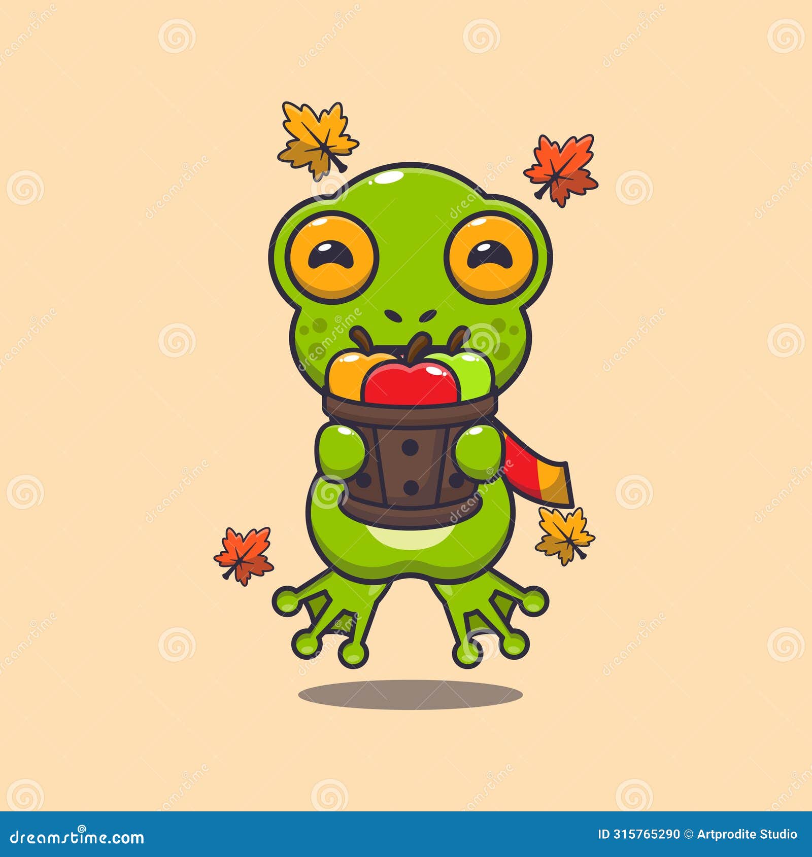Cute Frog Holding a Apple in Wood Bucket. Stock Vector - Illustration ...