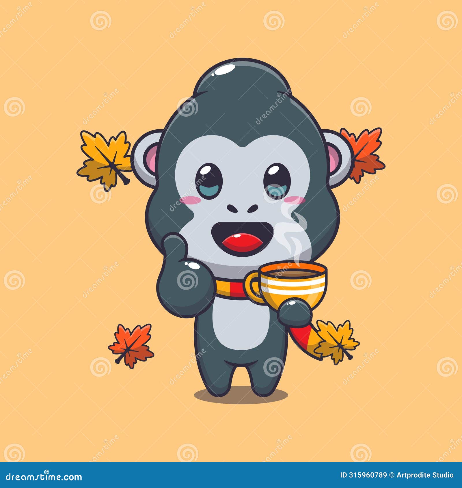 Cute Gorilla with Coffee in Autumn Season. Stock Vector - Illustration ...