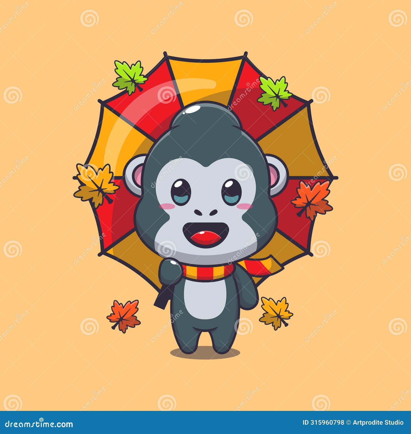 Cute Gorilla with Umbrella at Autumn Season. Stock Vector ...