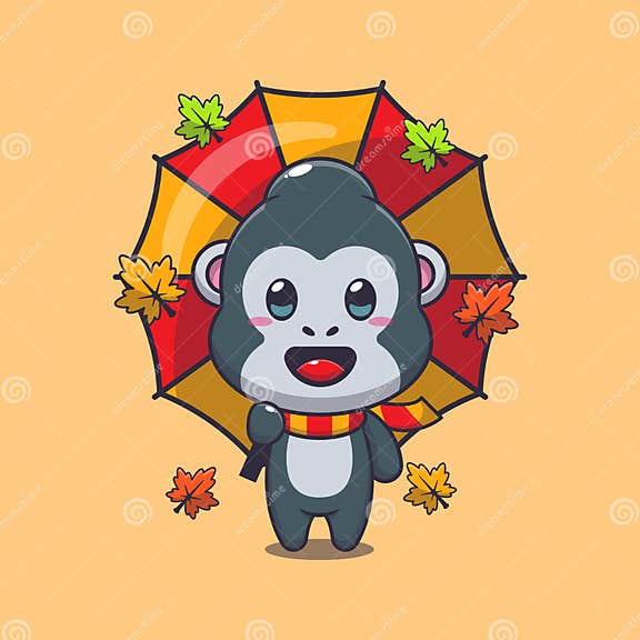 Cute Gorilla with Umbrella at Autumn Season. Stock Vector ...