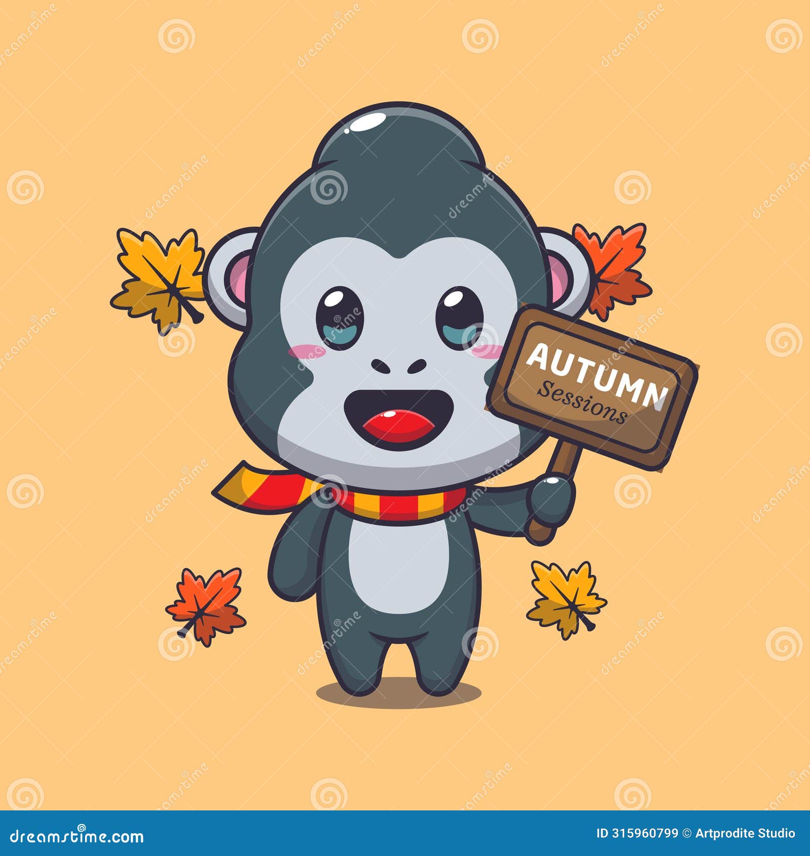 Cute Gorilla with Autumn Sign Board. Stock Vector - Illustration of ...