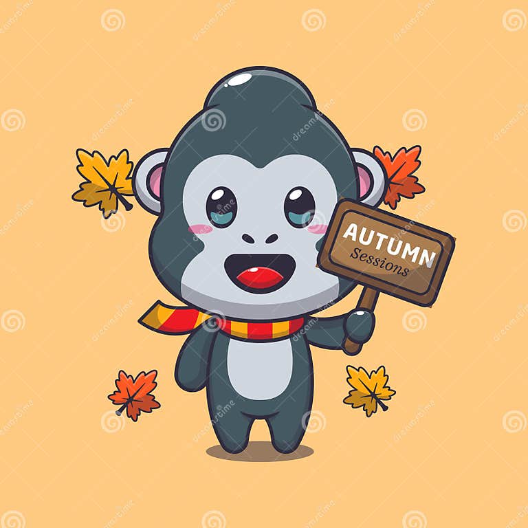 Cute Gorilla with Autumn Sign Board. Stock Vector - Illustration of ...