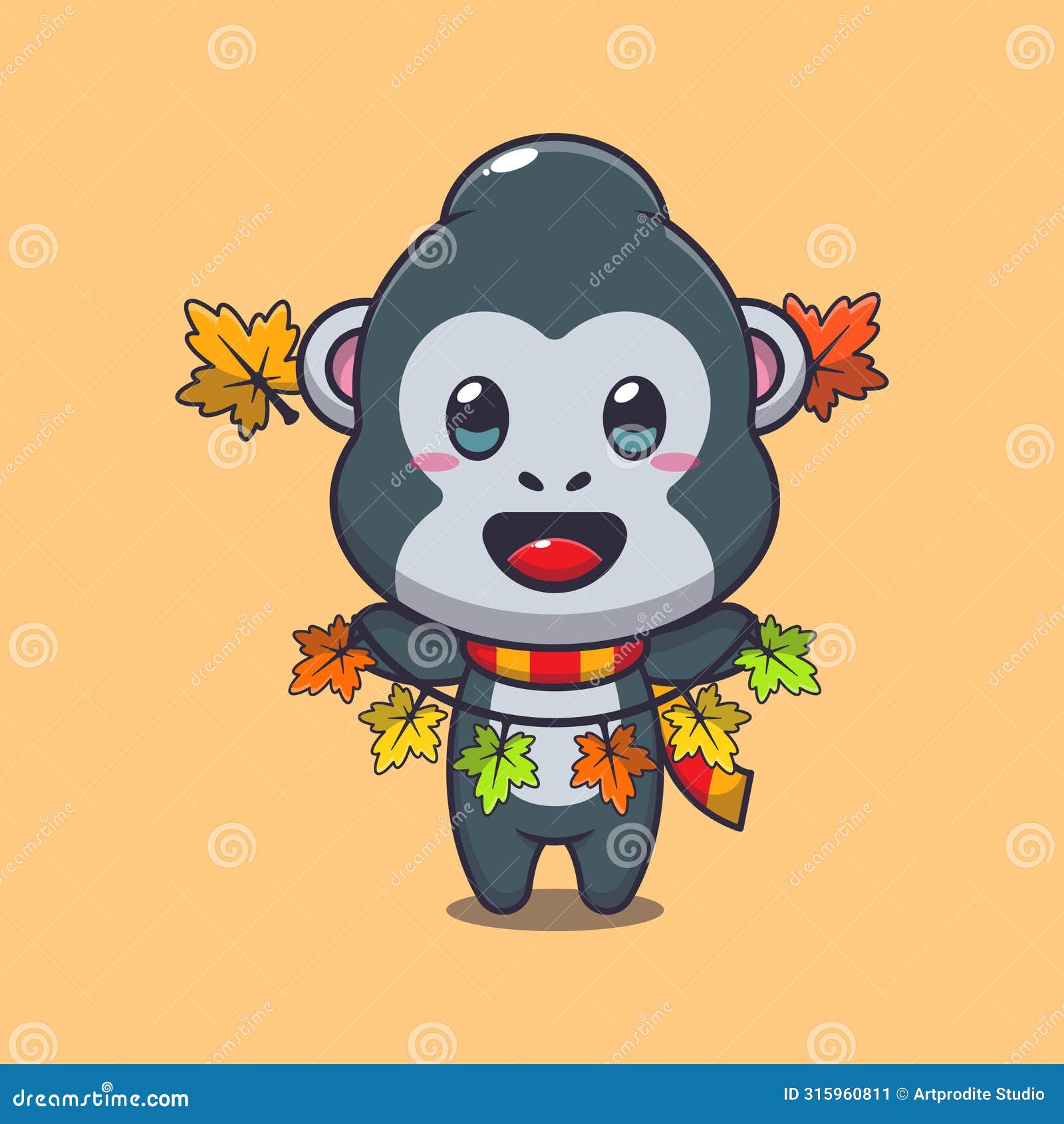 Cute Gorilla with Autumn Leaf Decoration. Stock Vector - Illustration ...