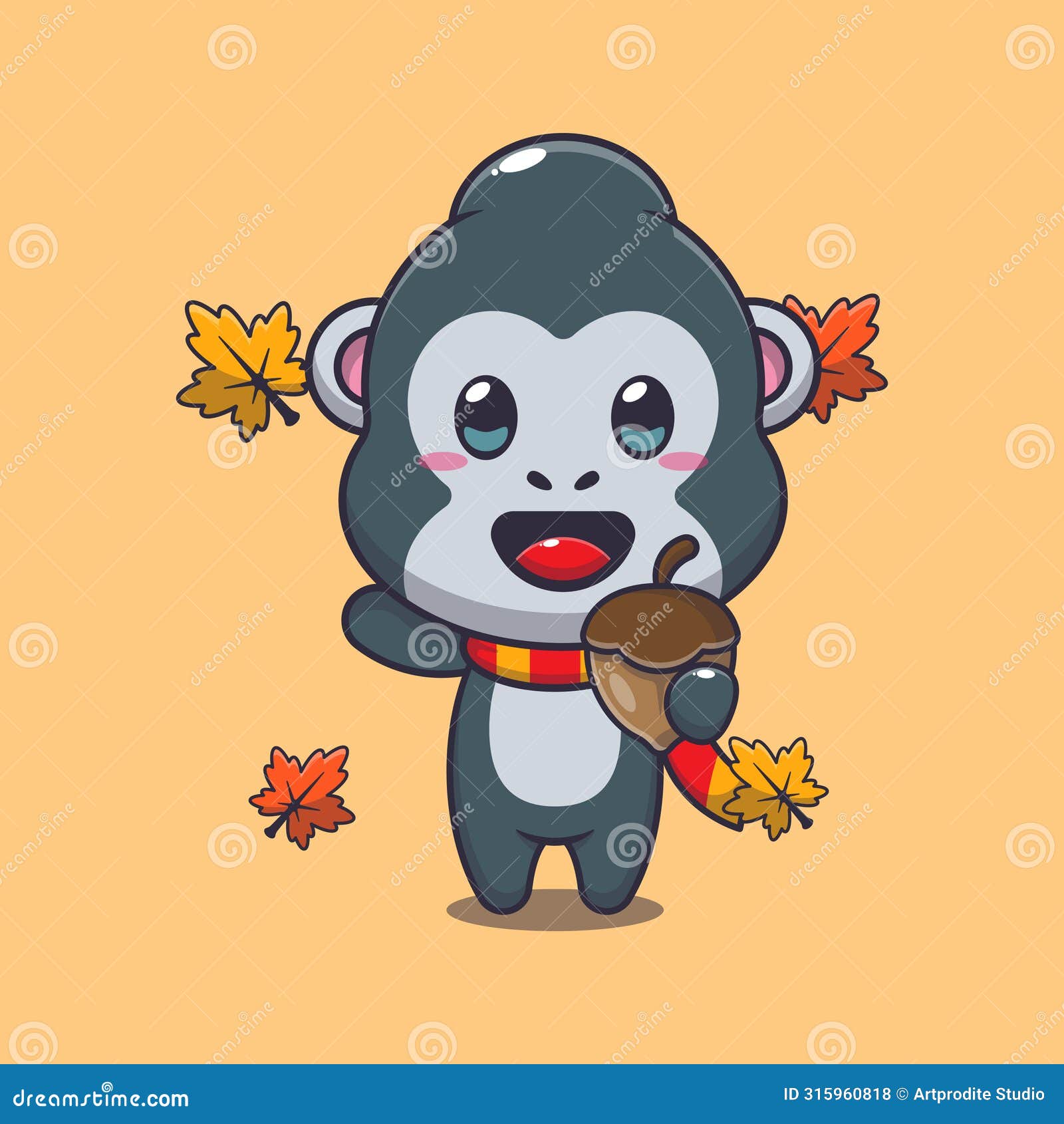 Cute Gorilla with Acorns at Autumn Season. Stock Vector - Illustration ...