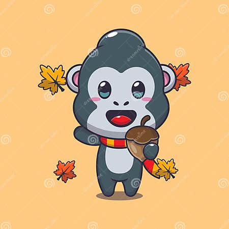 Cute Gorilla with Acorns at Autumn Season. Stock Vector - Illustration ...