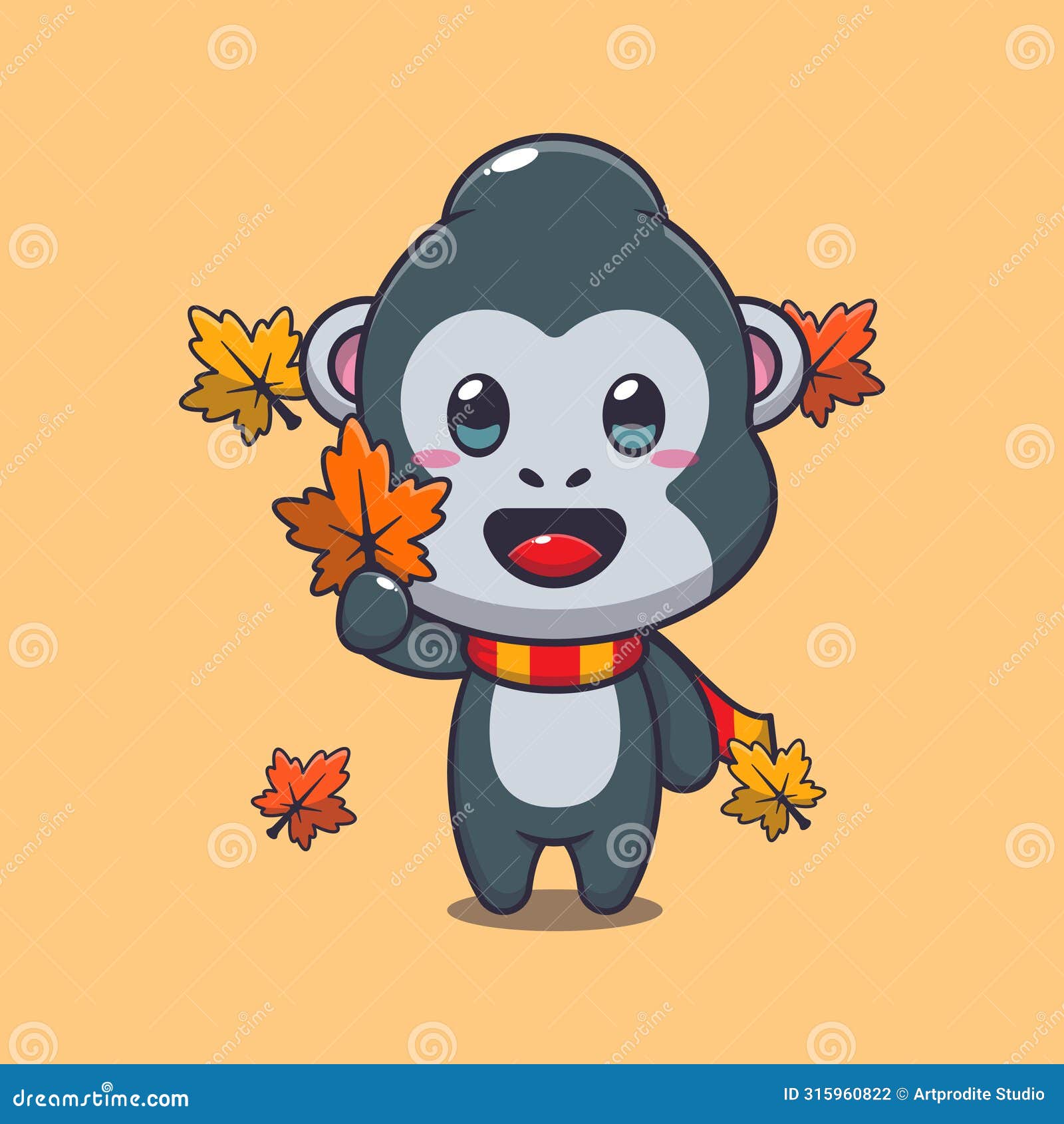 Cute Gorilla Holding Autumn Leaf. Stock Vector - Illustration of ...