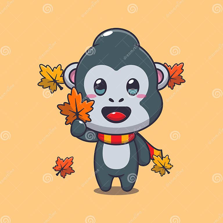 Cute Gorilla Holding Autumn Leaf. Stock Vector - Illustration of ...