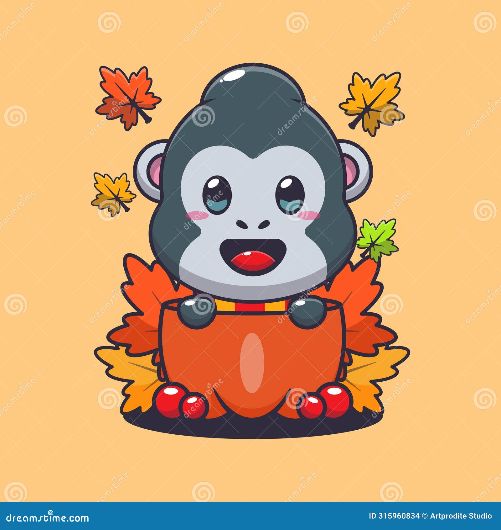 Cute Gorilla in a Pumpkin at Autumn Season. Stock Vector - Illustration ...
