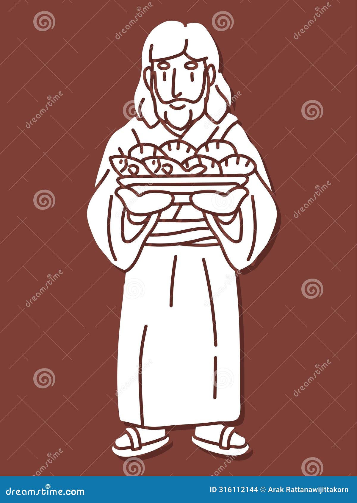 Jesus Holds Five Loaves and Two Fish Cartoon Graphic Vector Stock ...