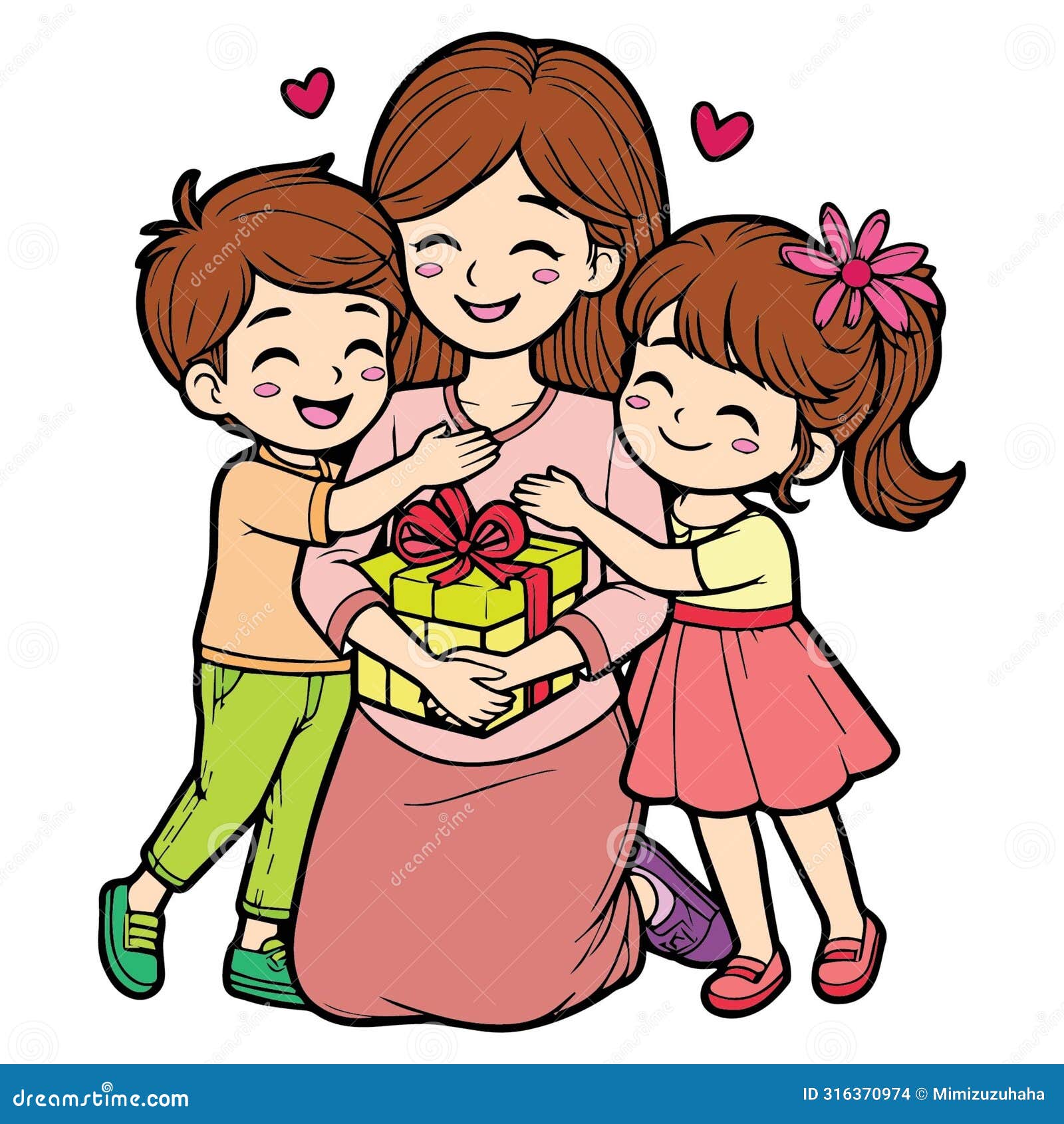 Son And Daughter Hugging Their Mother Mother Holding Present For