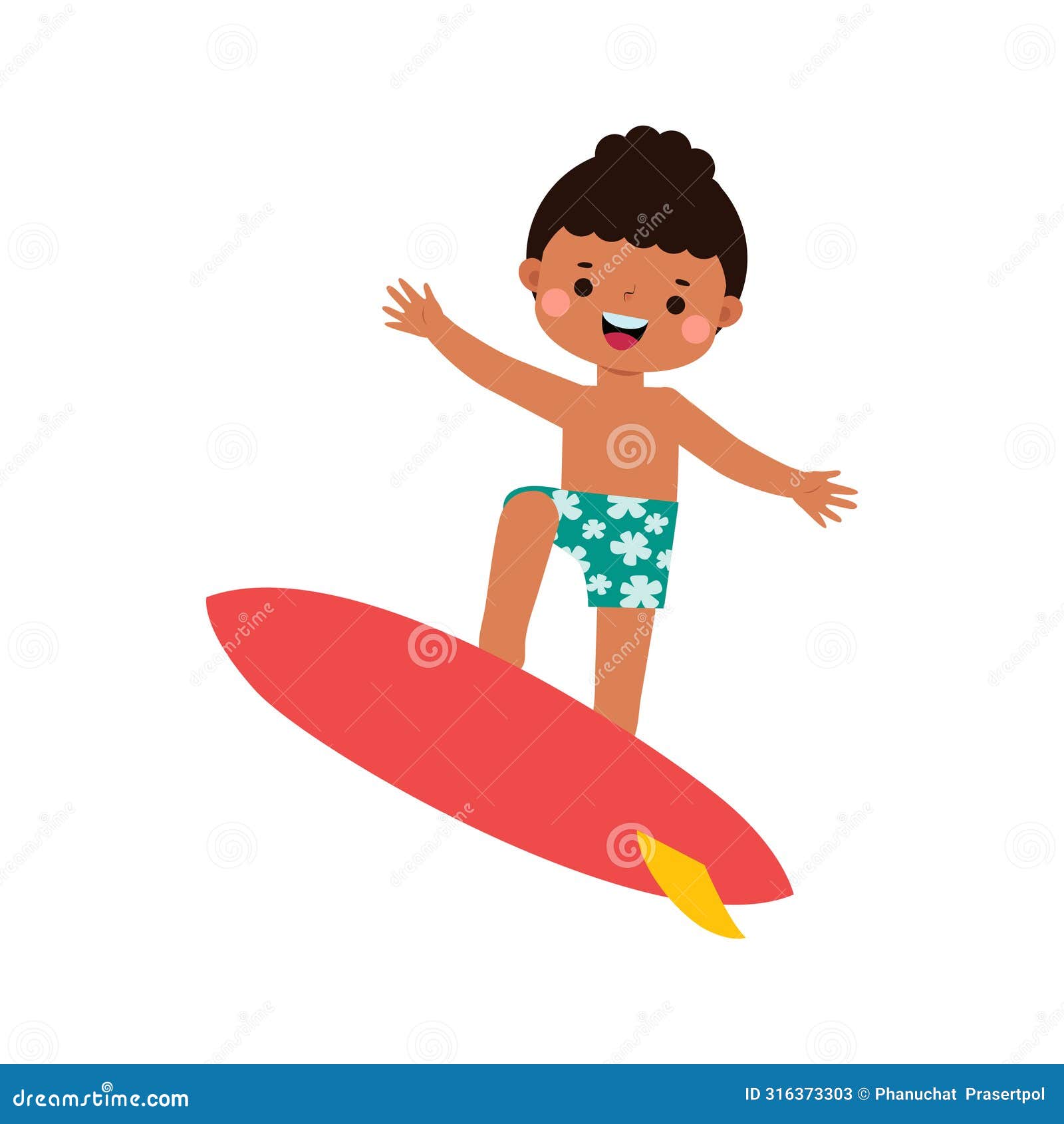 Cute Surfer Kid Character with Surfboard on Beach. Happy Young Surfer ...