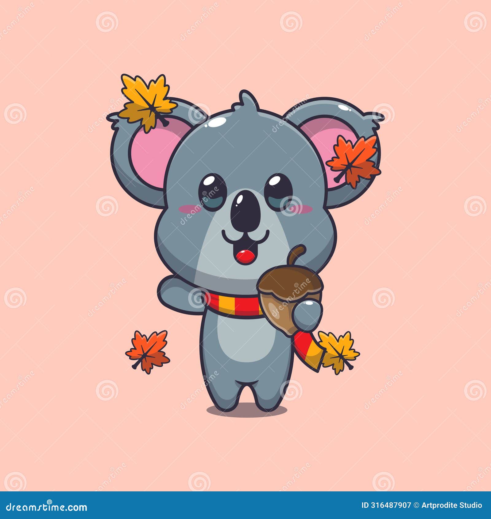 Cute Koala with Acorns at Autumn Season. Stock Vector - Illustration of ...