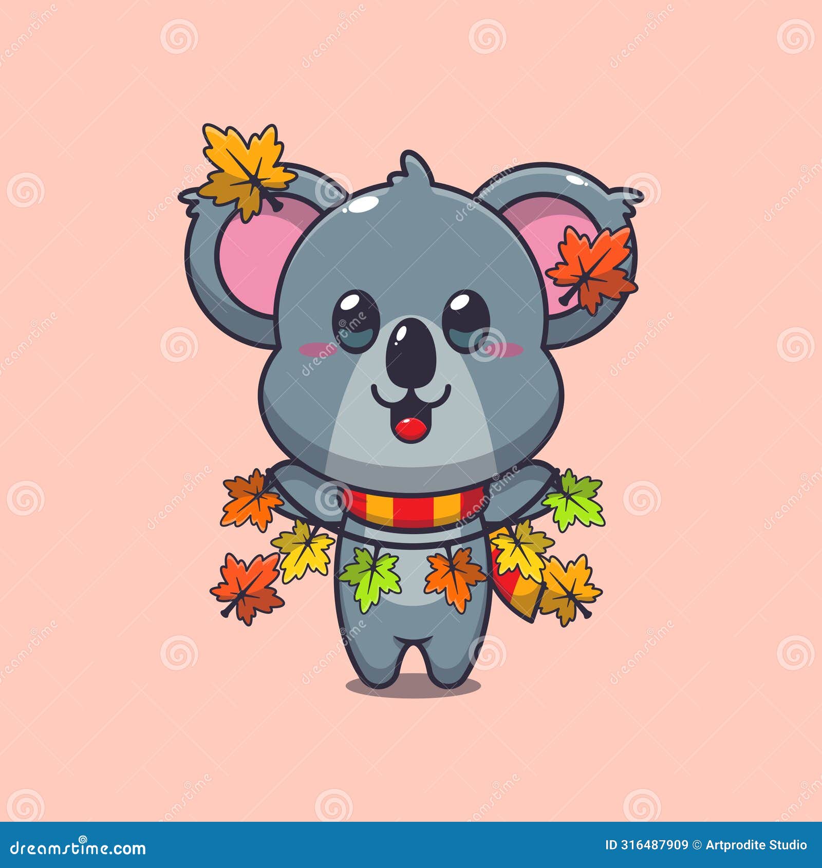 Cute Koala with Autumn Leaf Decoration. Stock Vector - Illustration of ...