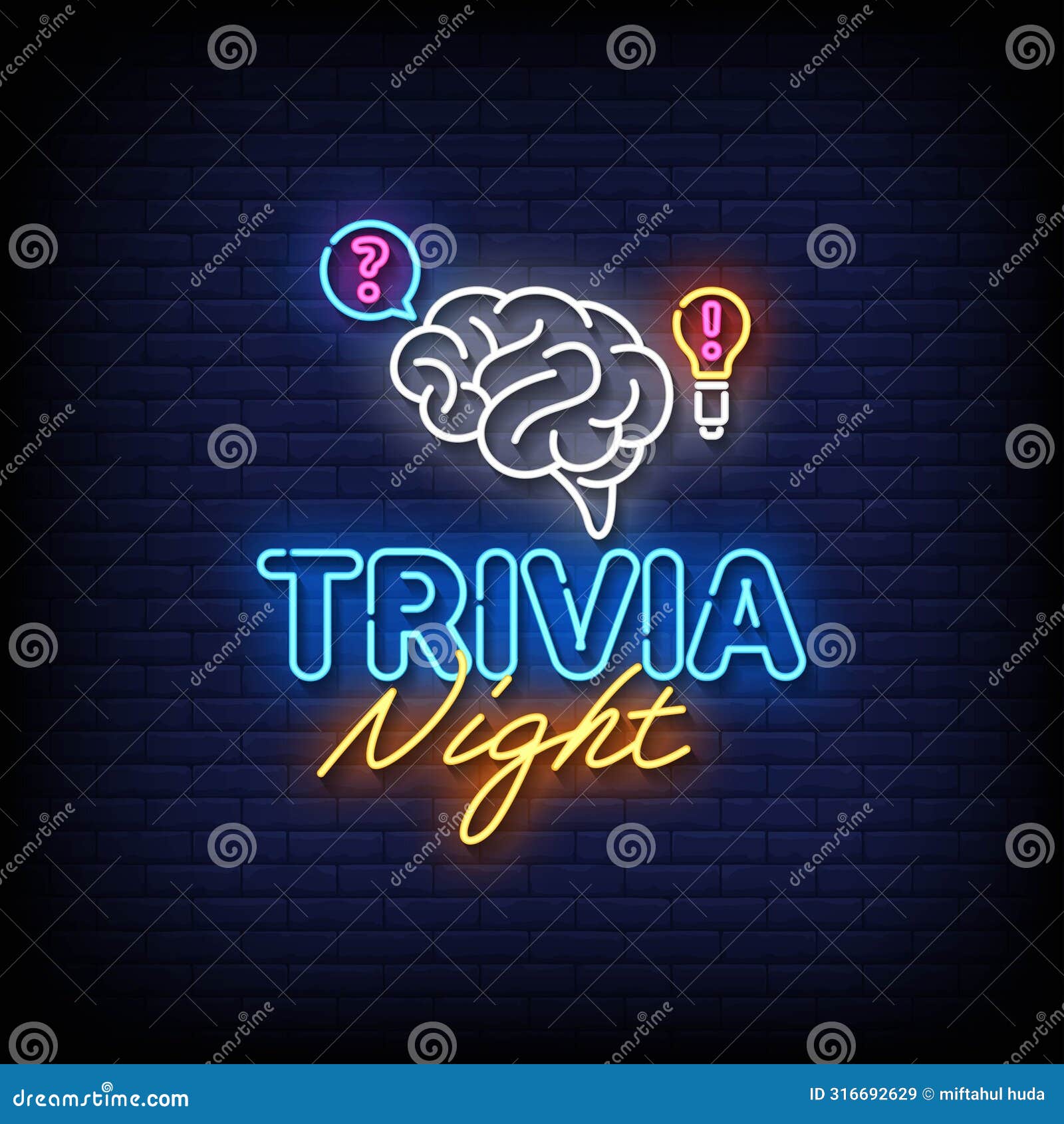 Trivia Night Neon Sign On Brick Wall Background Cartoon Vector ...