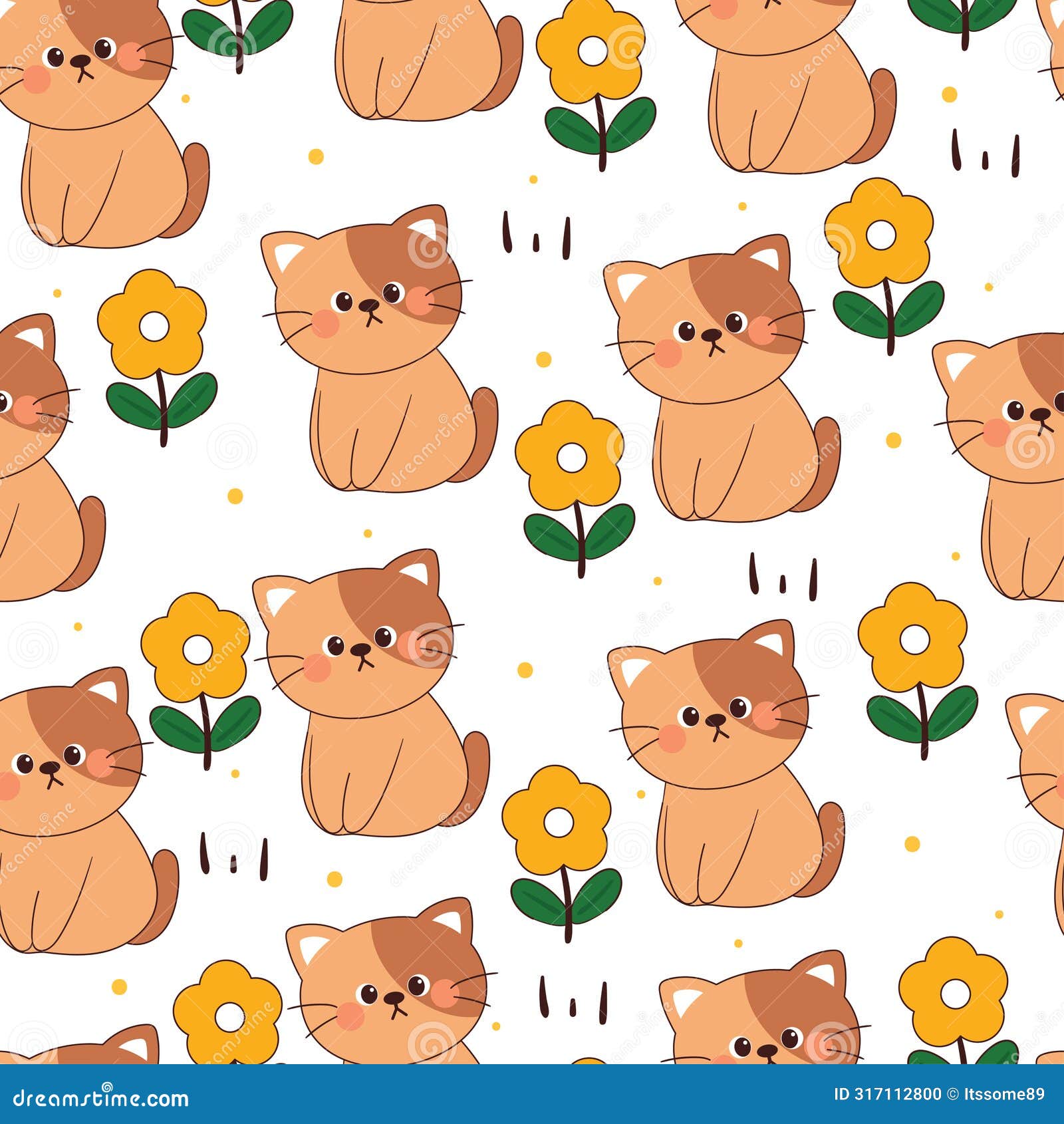Seamless Pattern Cartoon Cat and Flower Stock Vector - Illustration of ...