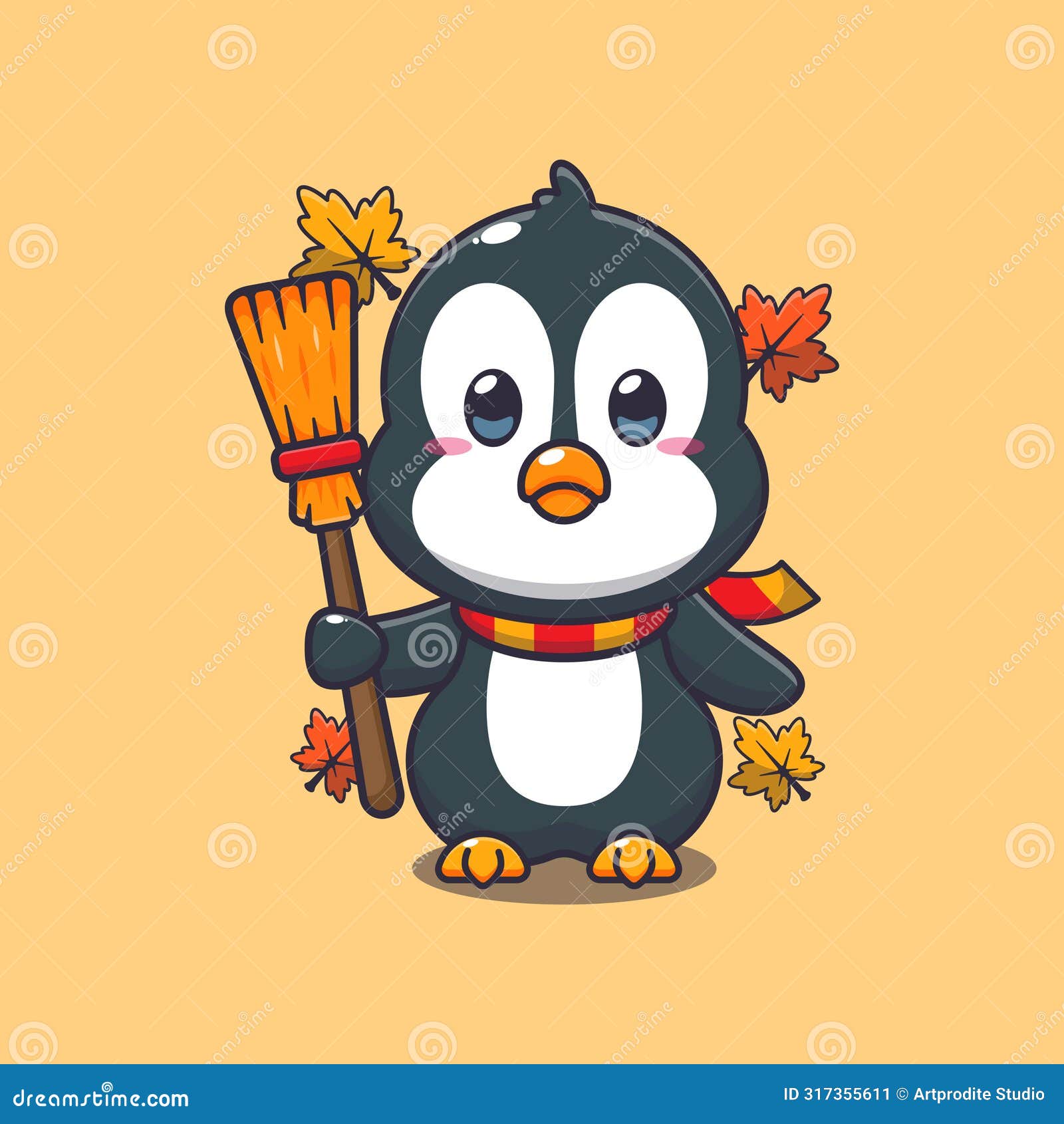 Cute Autumn Penguin Holding Broom. Stock Vector - Illustration of icon ...