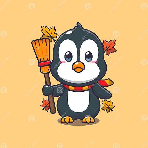 Cute Autumn Penguin Holding Broom. Stock Vector - Illustration of icon ...