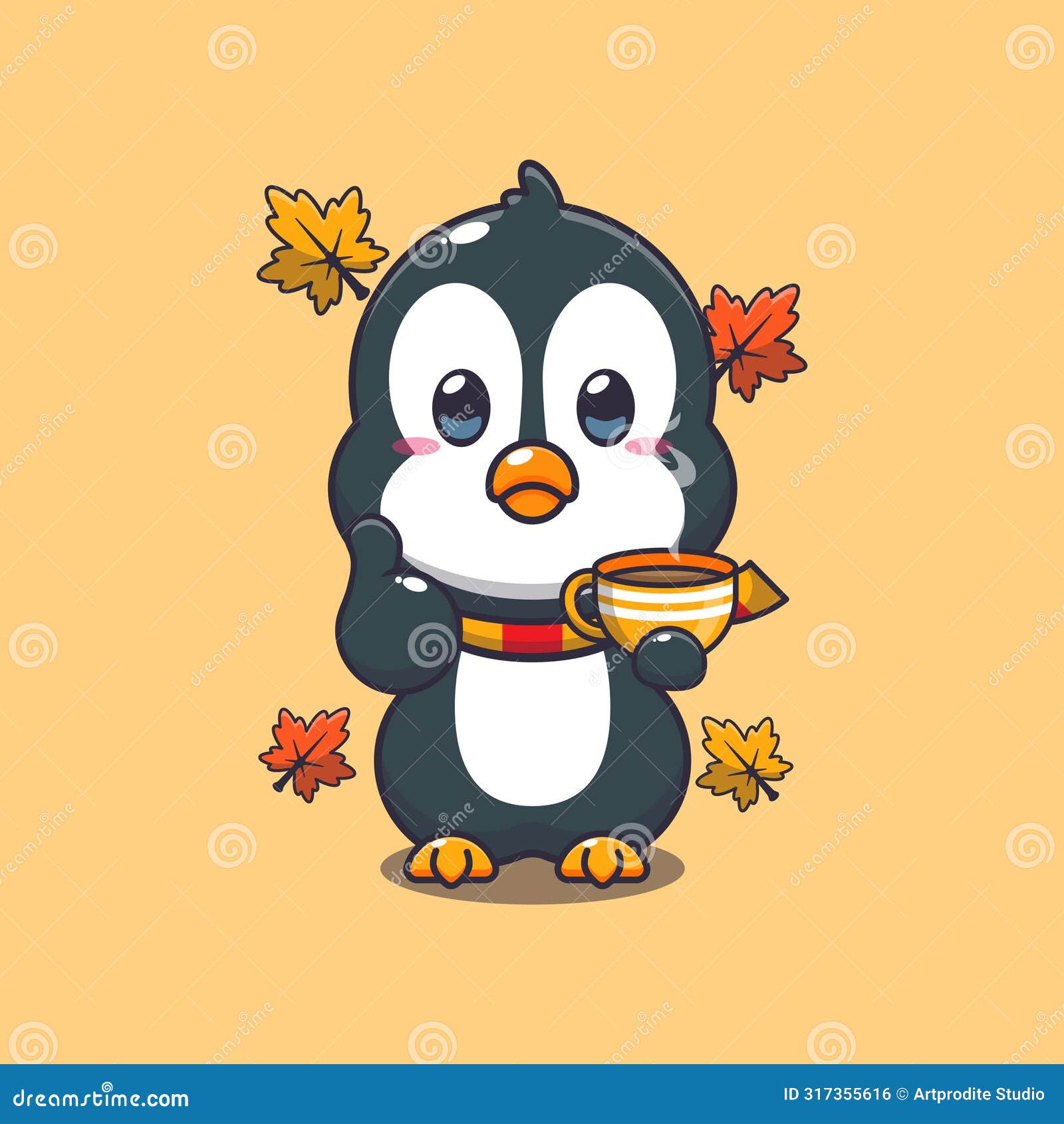Cute Penguin with Coffee in Autumn Season. Stock Vector - Illustration ...