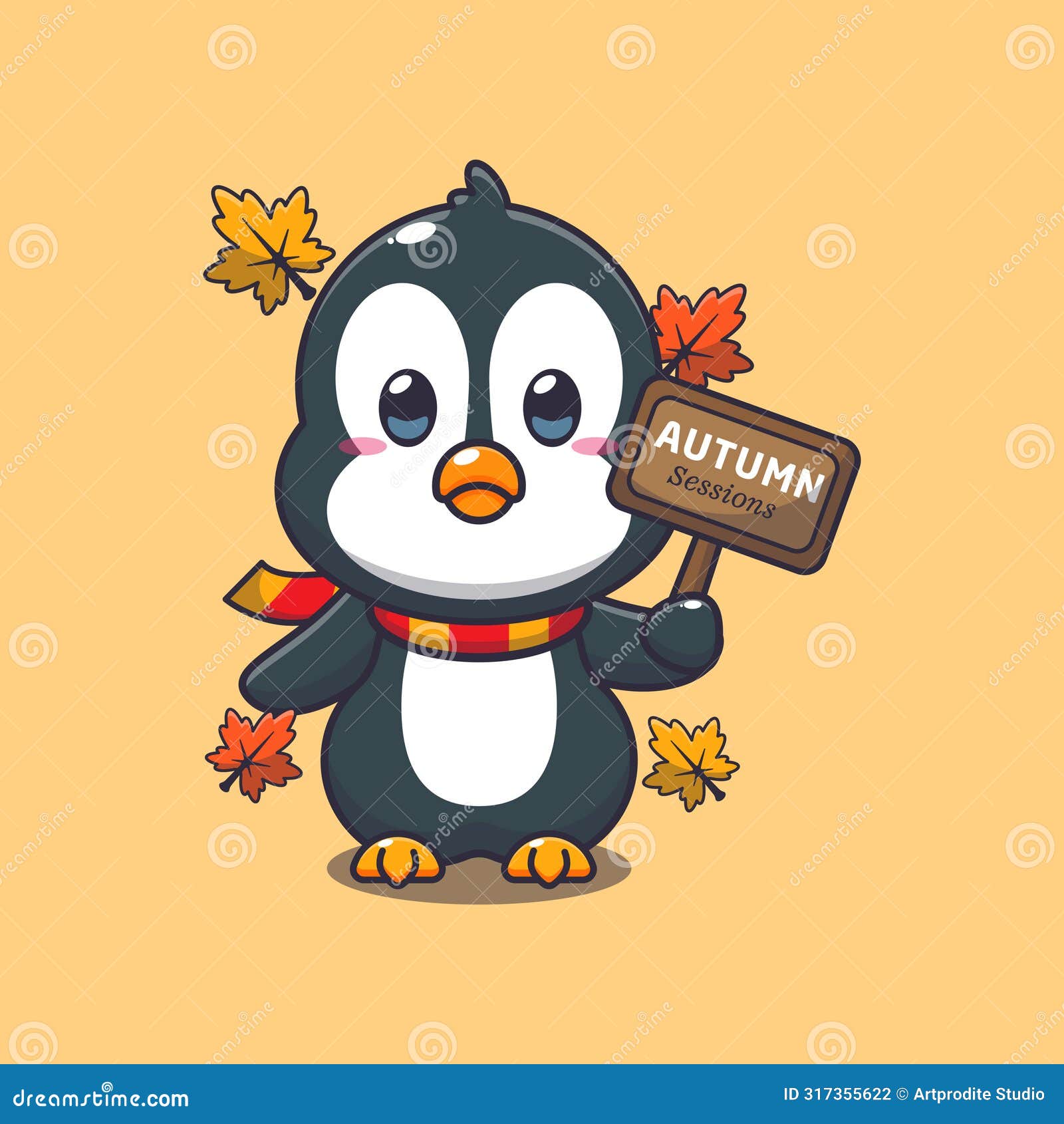 Cute Penguin with Autumn Sign Board. Stock Vector - Illustration of ...