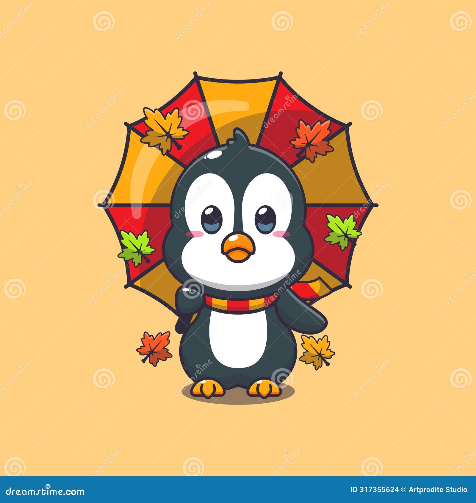 Cute Penguin with Umbrella at Autumn Season. Stock Vector ...