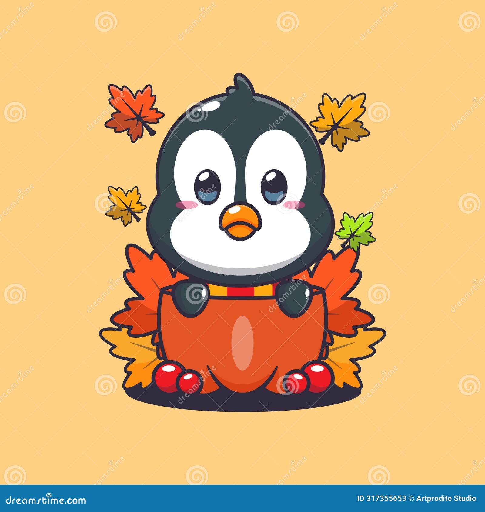 Cute Penguin in a Pumpkin at Autumn Season. Stock Vector - Illustration ...