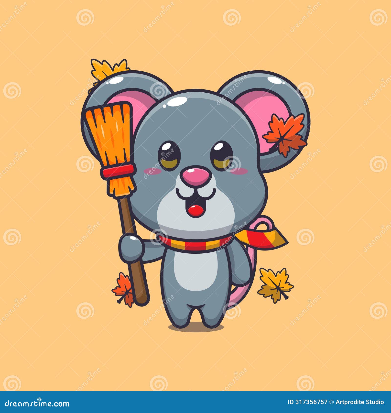 Cute Autumn Mouse Holding Broom. Stock Vector - Illustration of ...