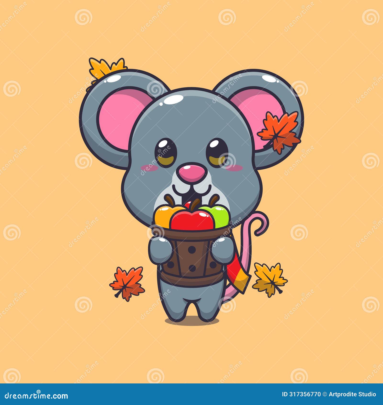Cute Mouse Holding a Apple in Wood Bucket. Stock Vector - Illustration ...