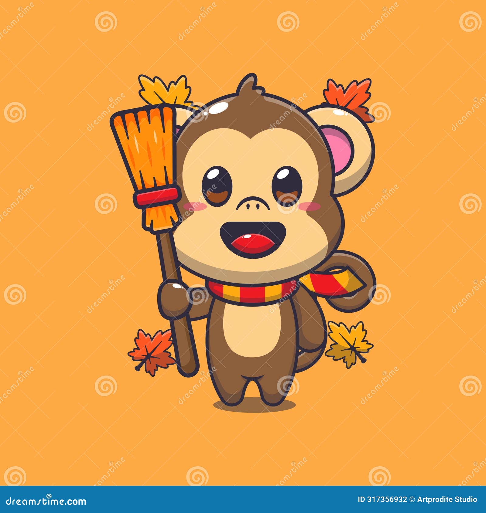 Cute Autumn Monkey Holding Broom Stock Vector - Illustration of wild ...