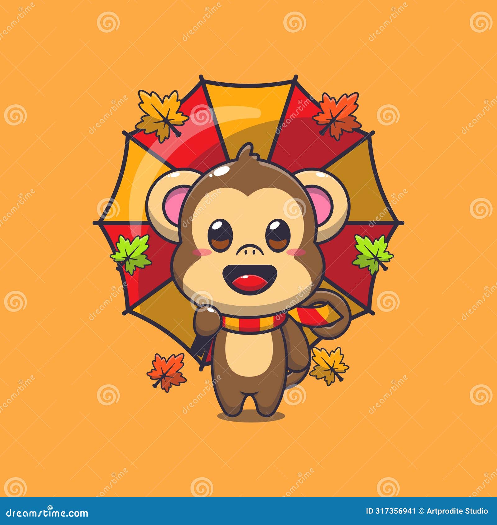 Cute Monkey with Umbrella at Autumn Season Stock Vector - Illustration ...