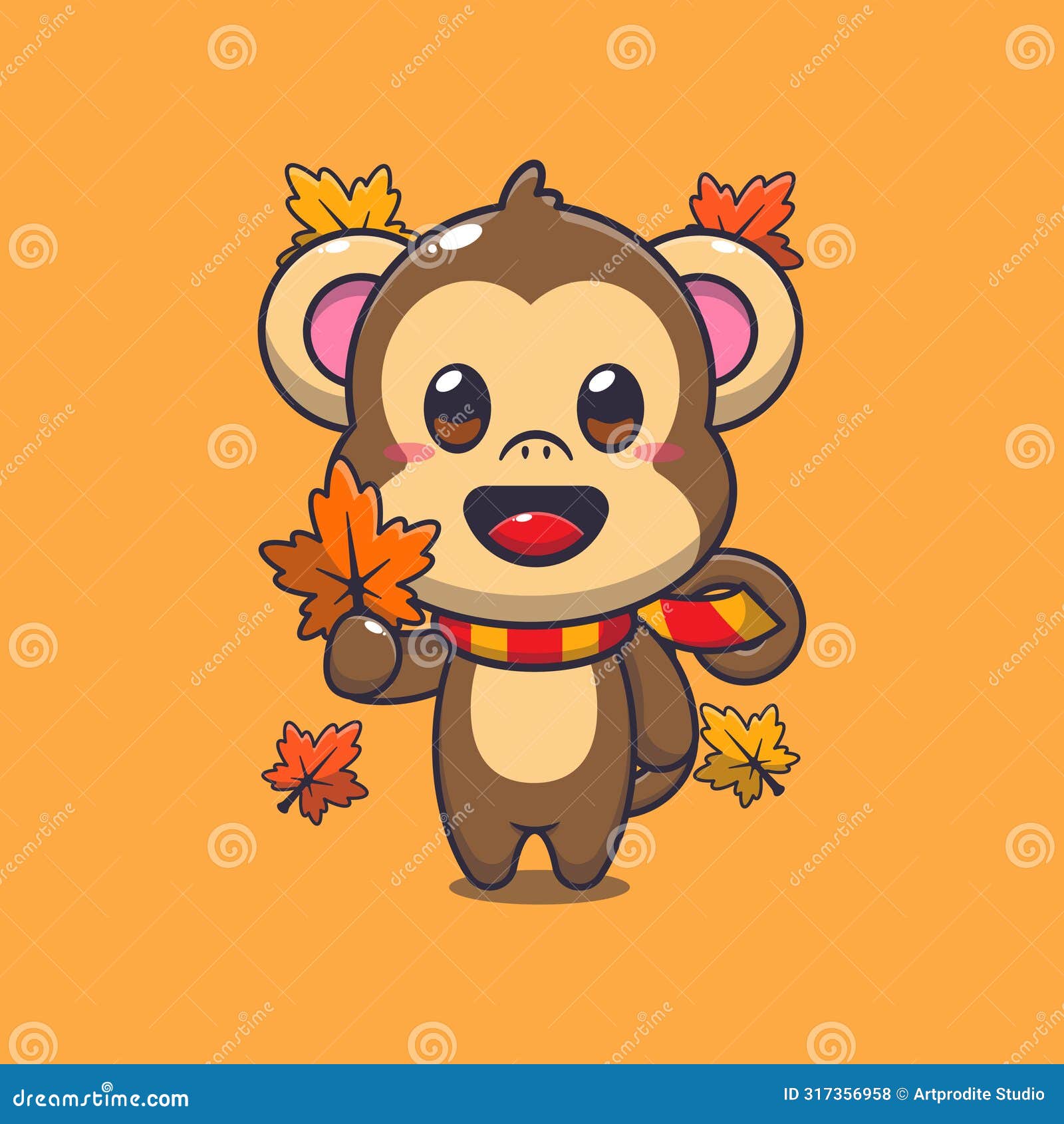 Cute Monkey Holding Autumn Leaf Stock Vector - Illustration of vector ...