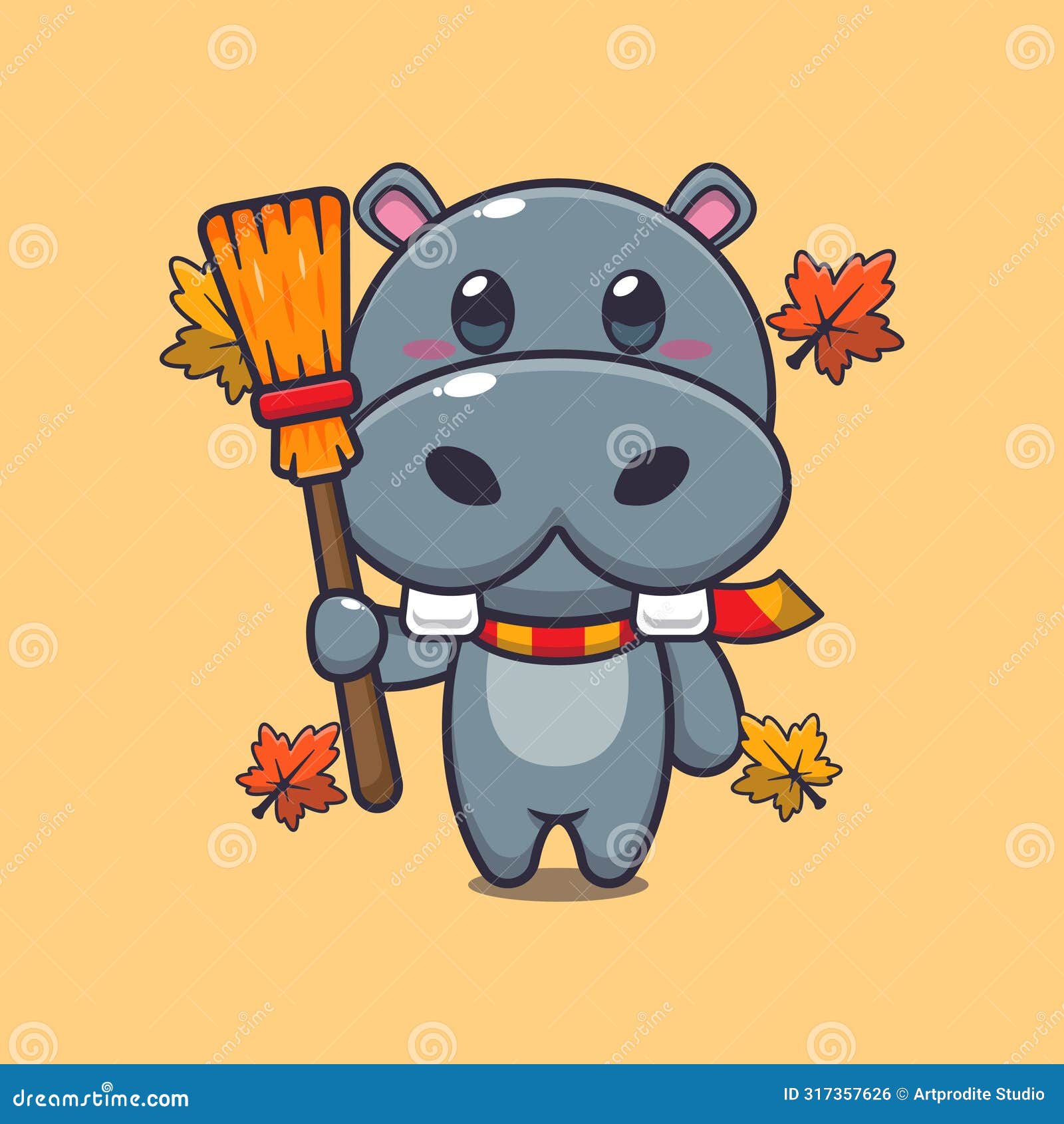 Cute Autumn Hippo Holding Broom Stock Vector - Illustration of colorful ...
