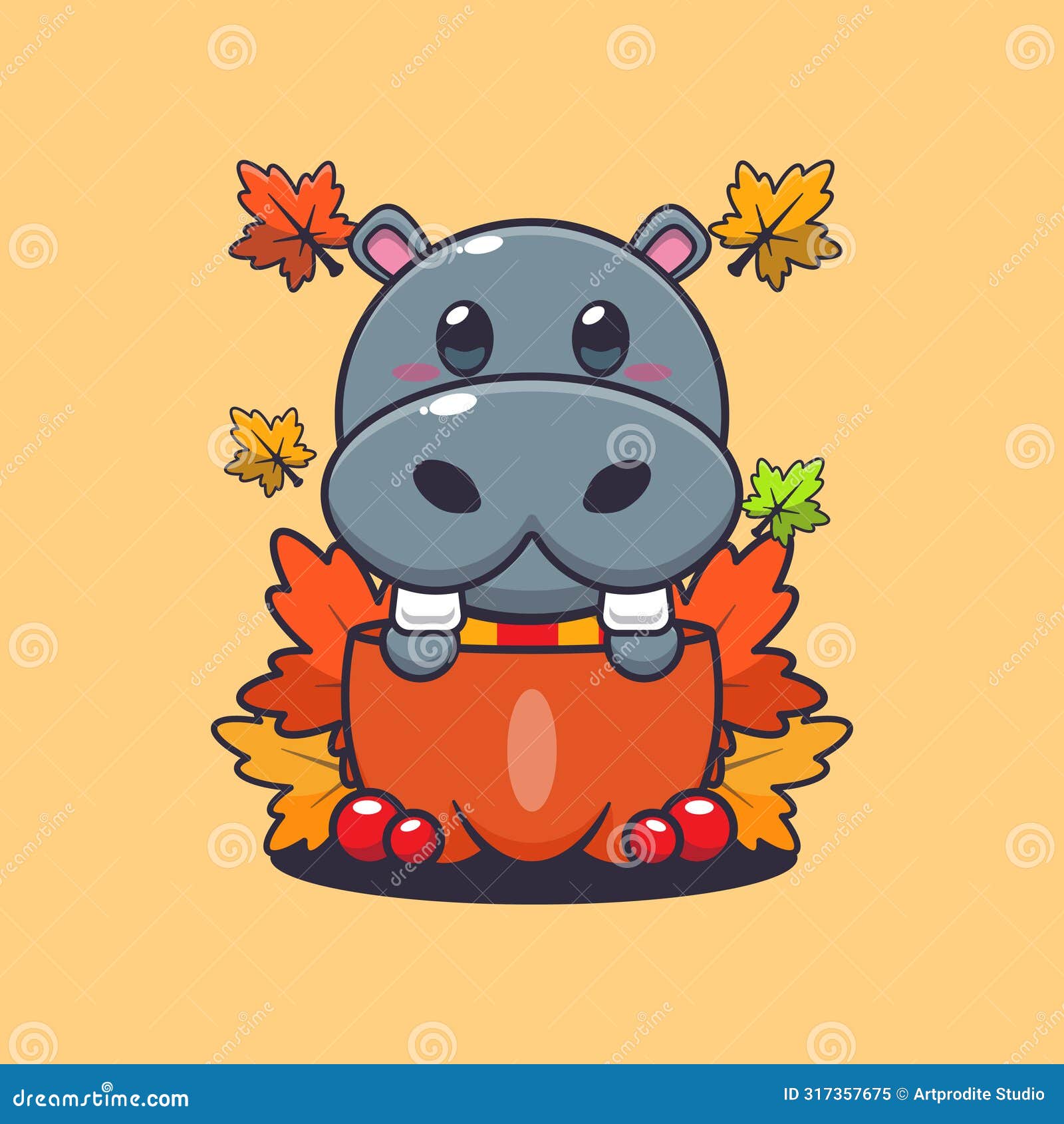 Cute Hippo in a Pumpkin at Autumn Season Stock Vector - Illustration of ...