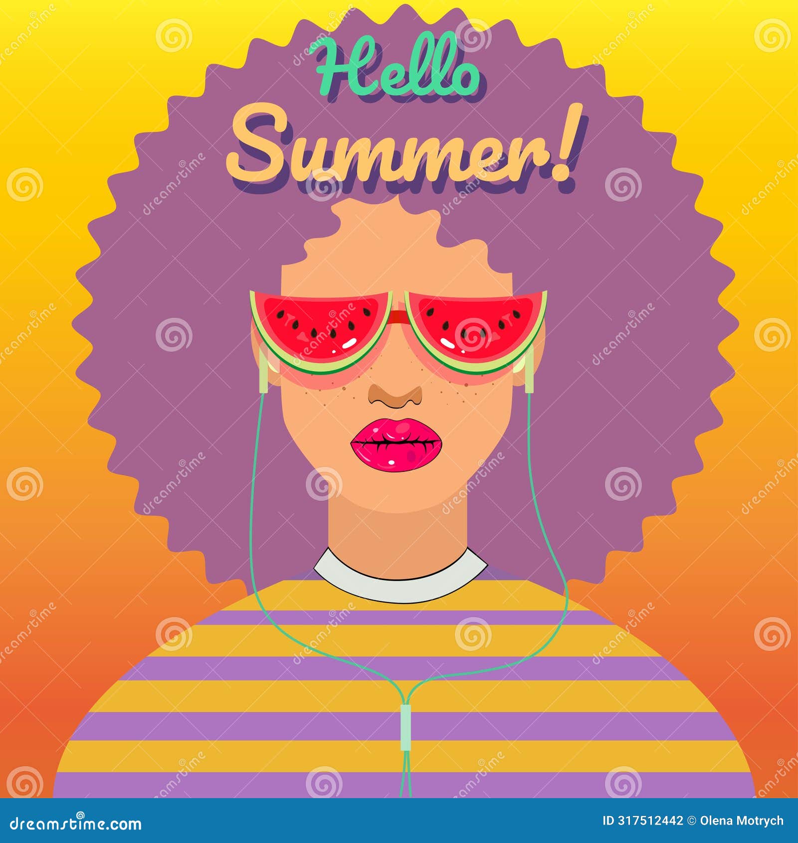 Vector Poster Hello Summer with Girl in Headphones and Strawberry ...