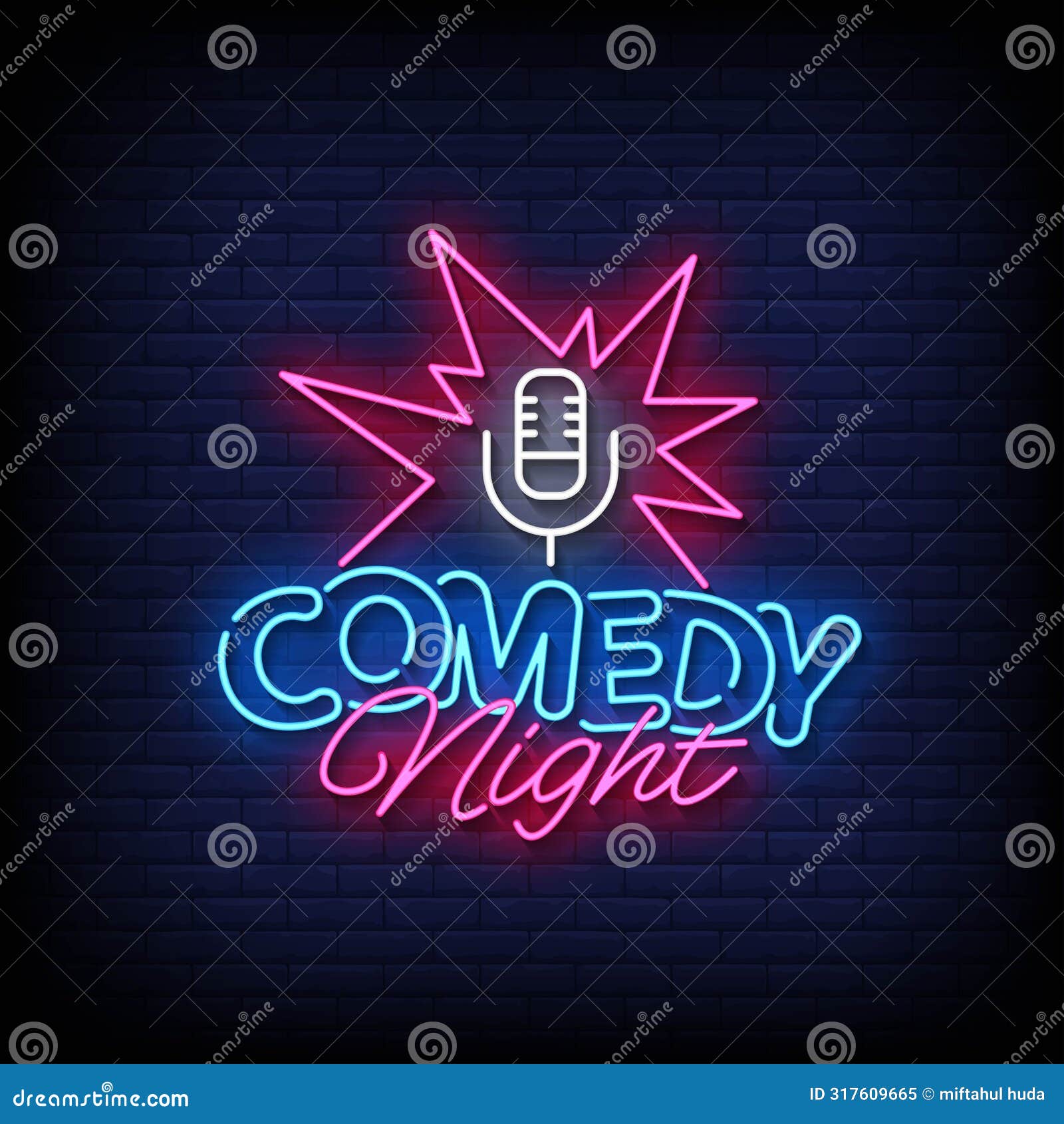 Comedy Night Neon Sign on Brick Wall Background Vector Stock Vector ...