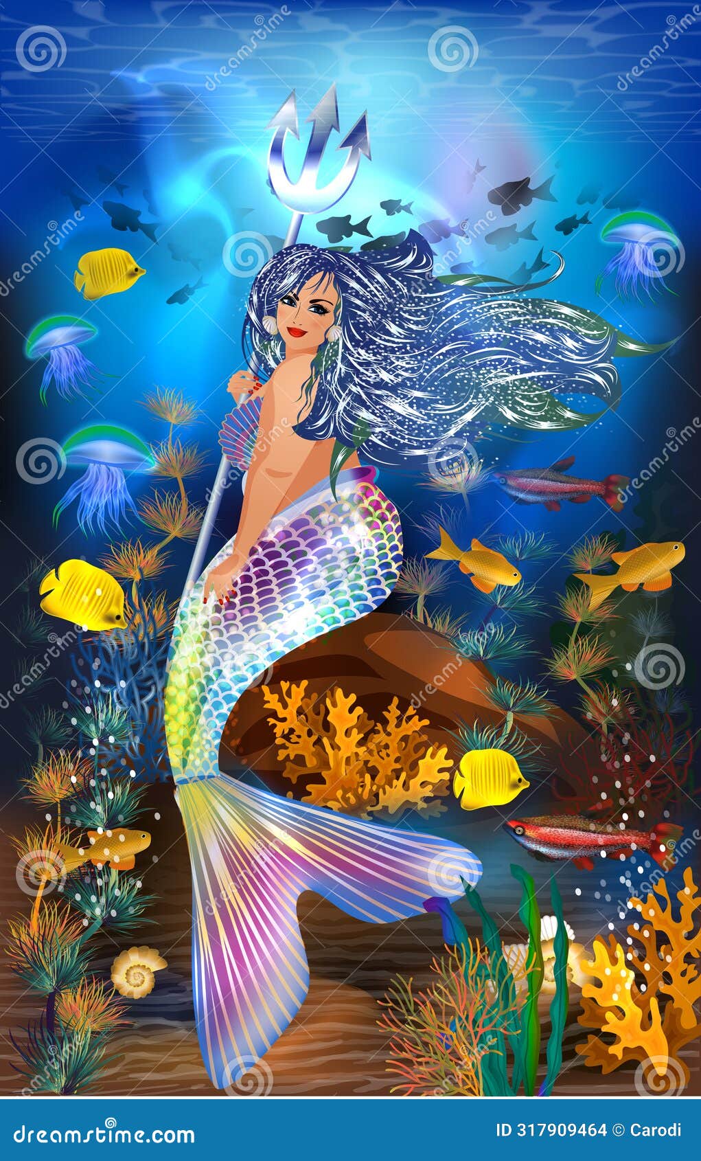 Underwater Wallpaper, Plus Size Mermaid with Trident and Tropical Fish ...