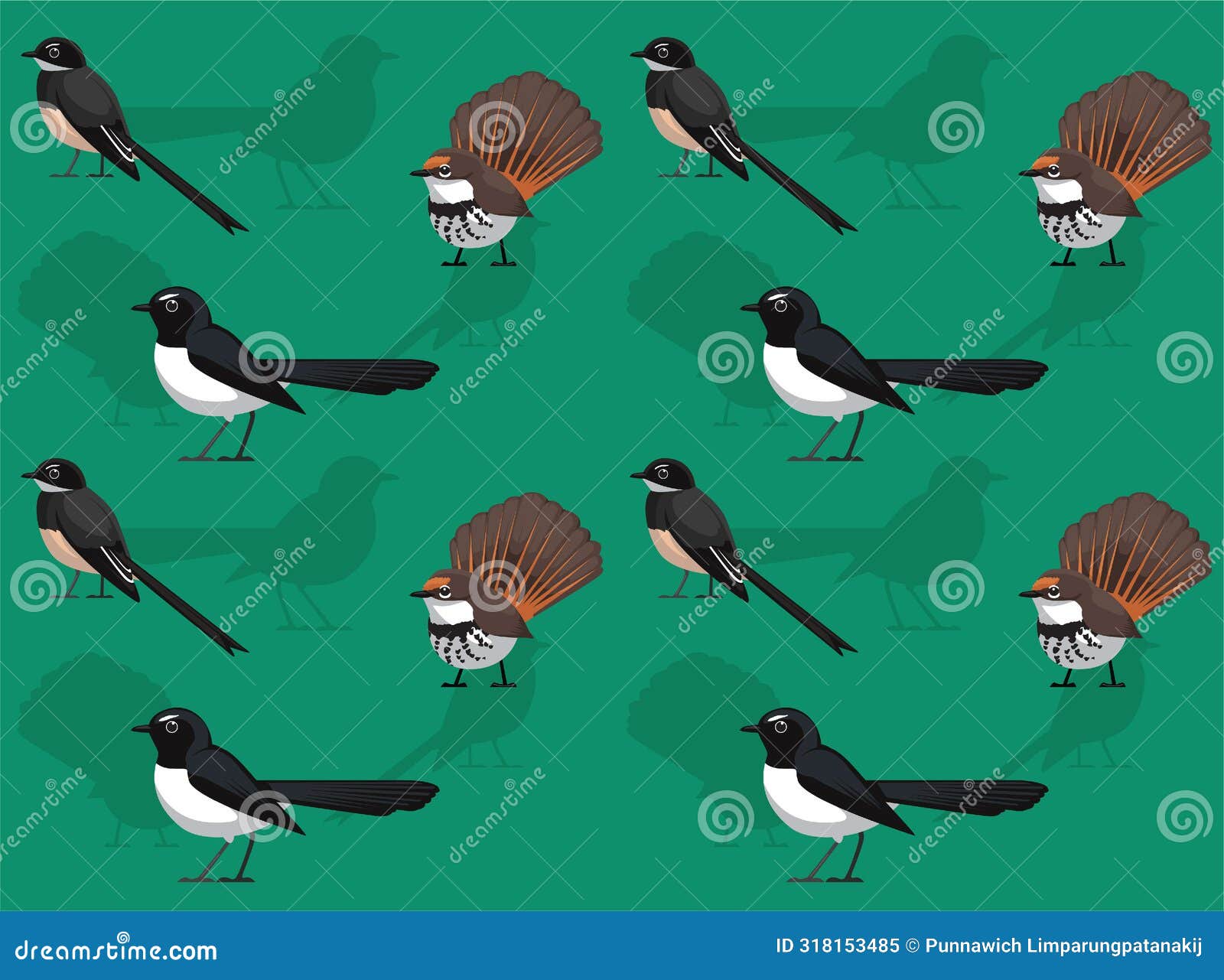 Bird Fantail Wagtail Cartoon Cute Seamless Wallpaper Background Stock ...
