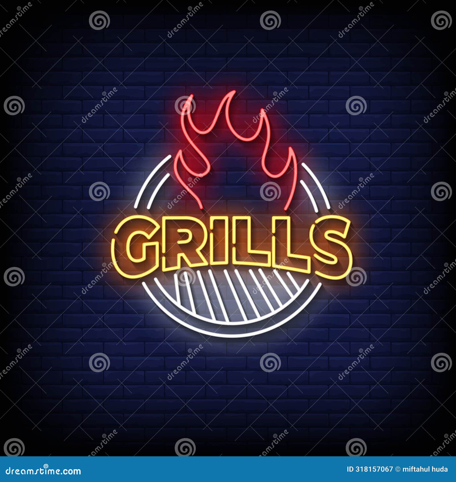 Grills Neon Sign on Brick Wall Background Vector Stock Vector ...