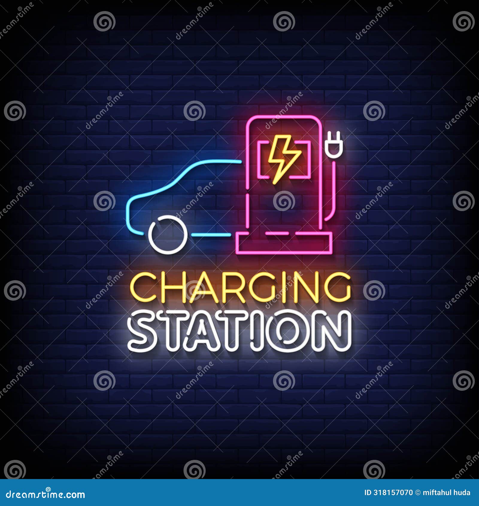 Charging Station Neon Sign on Brick Wall Background Vector Stock Vector ...