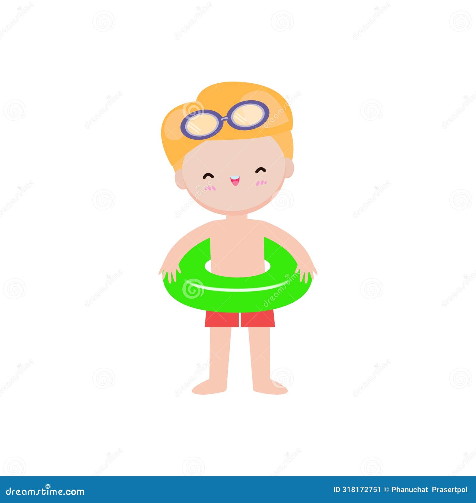 Cute Kid Wearing Swimsuit with Float Ring on the Beach, Cartoon ...