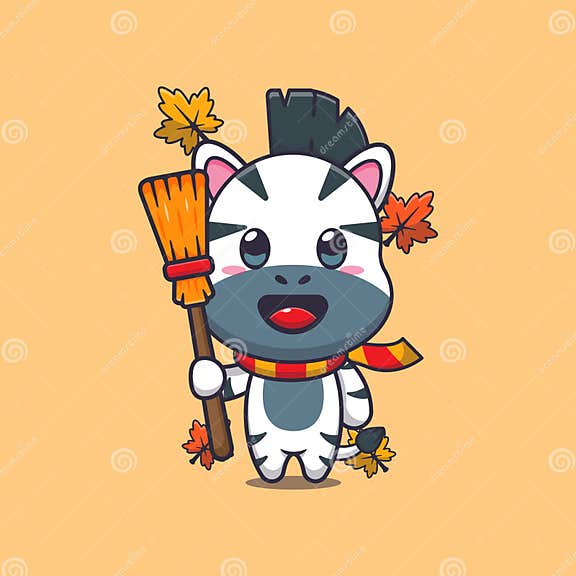 Cute Autumn Zebra Holding Broom Stock Vector - Illustration of logo ...