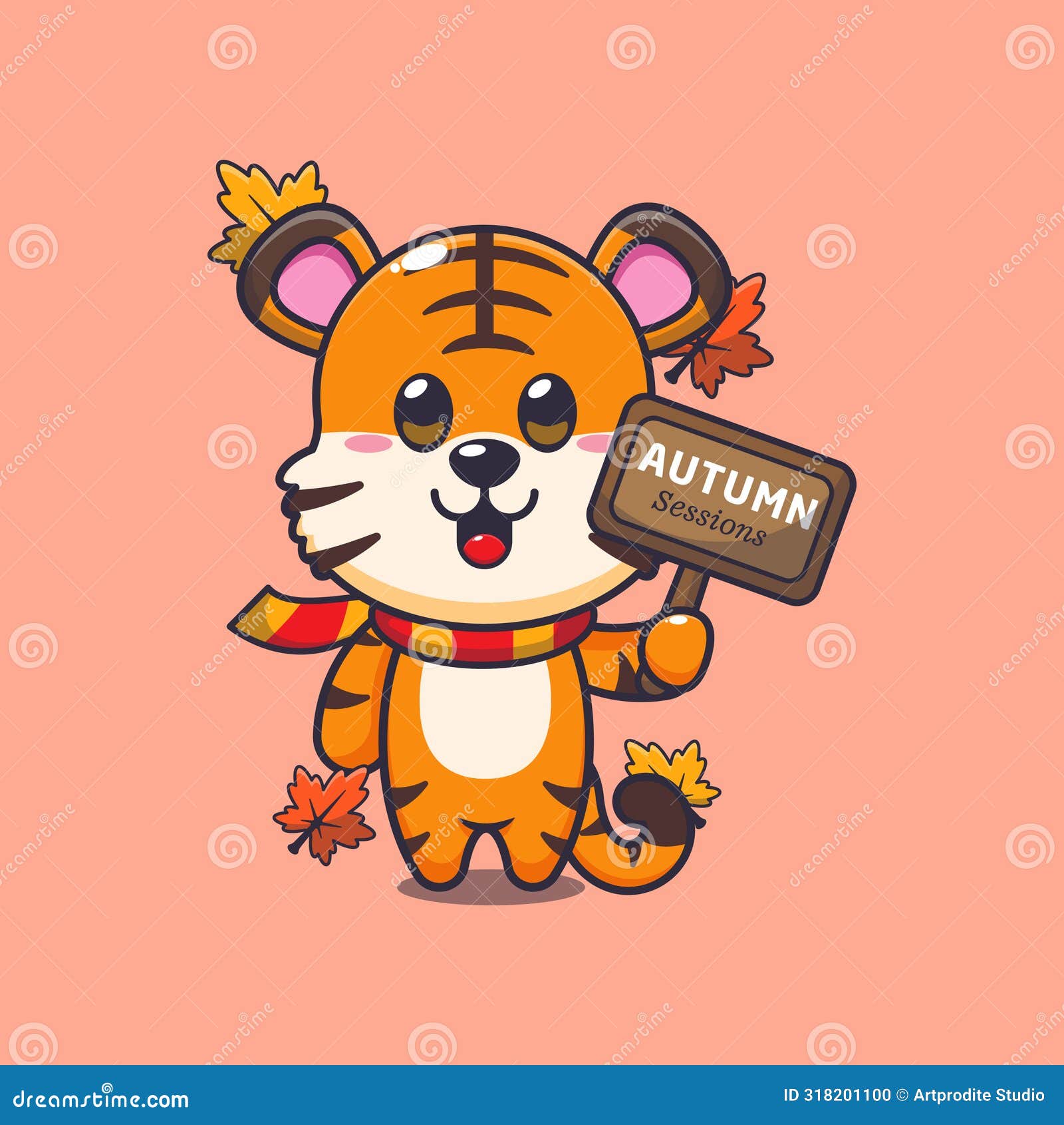 Cute Tiger with Autumn Sign Board Stock Vector - Illustration of vector ...