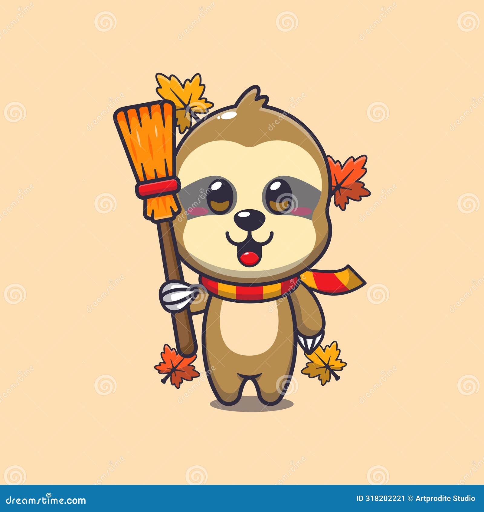Cute Autumn Sloth Holding Broom Stock Vector - Illustration of tropical ...