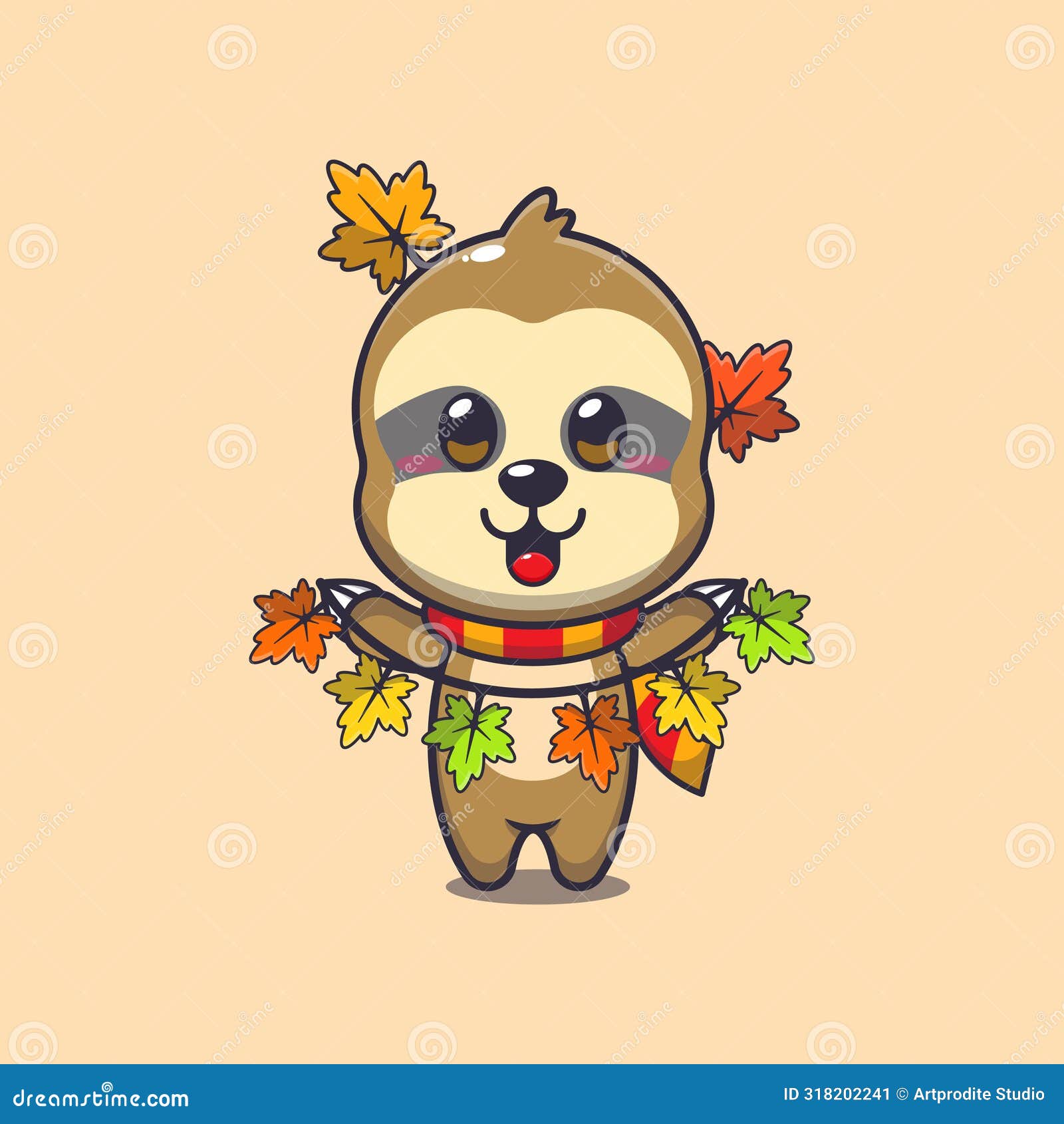Cute Sloth with Autumn Leaf Decoration Stock Vector - Illustration of ...