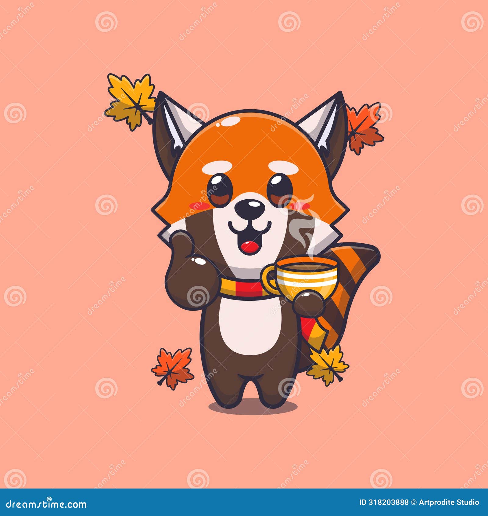 Cute Red Panda with Coffee in Autumn Season Stock Vector - Illustration ...