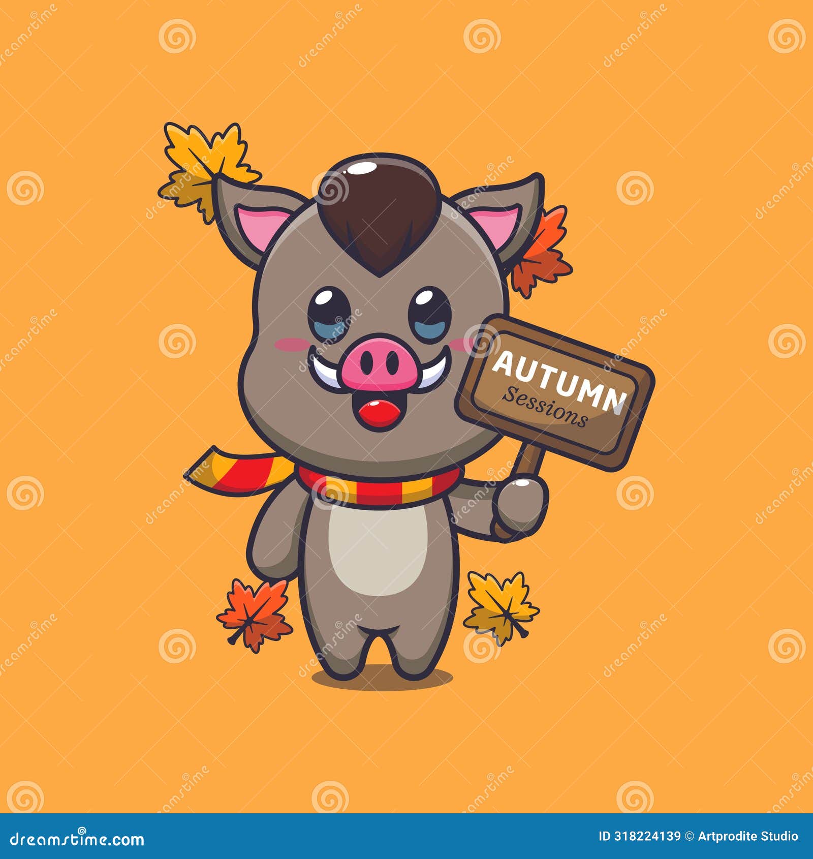 Cute Boar with Autumn Sign Board Stock Vector - Illustration of pork ...