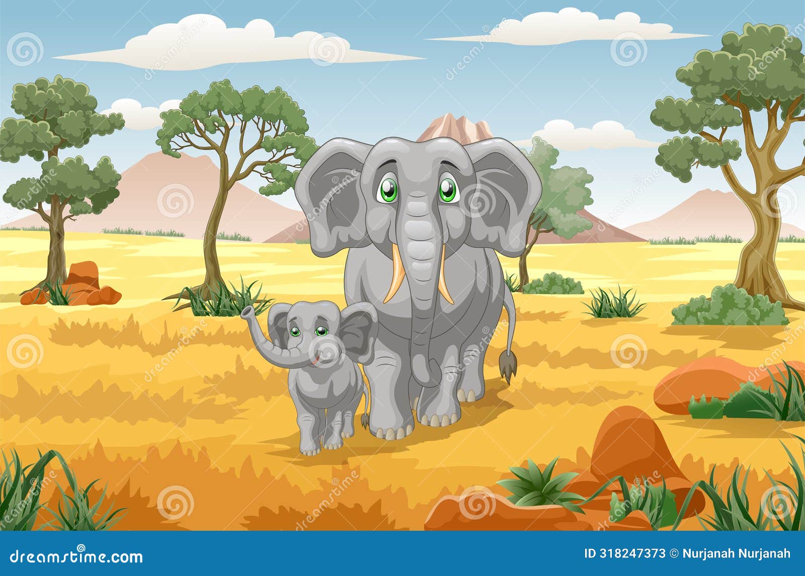Cartoon Elephant Family In The Savanna With Baby Elephant ...