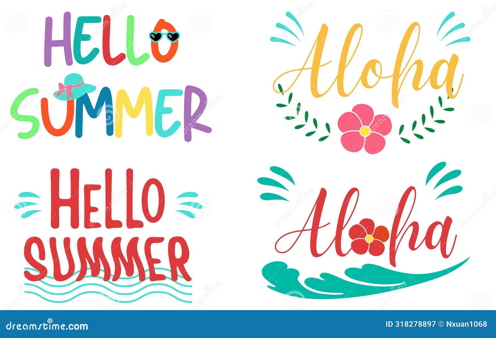 Hello Summer, Beach, Aloha. Set of Inspirational Quotes. Modern ...