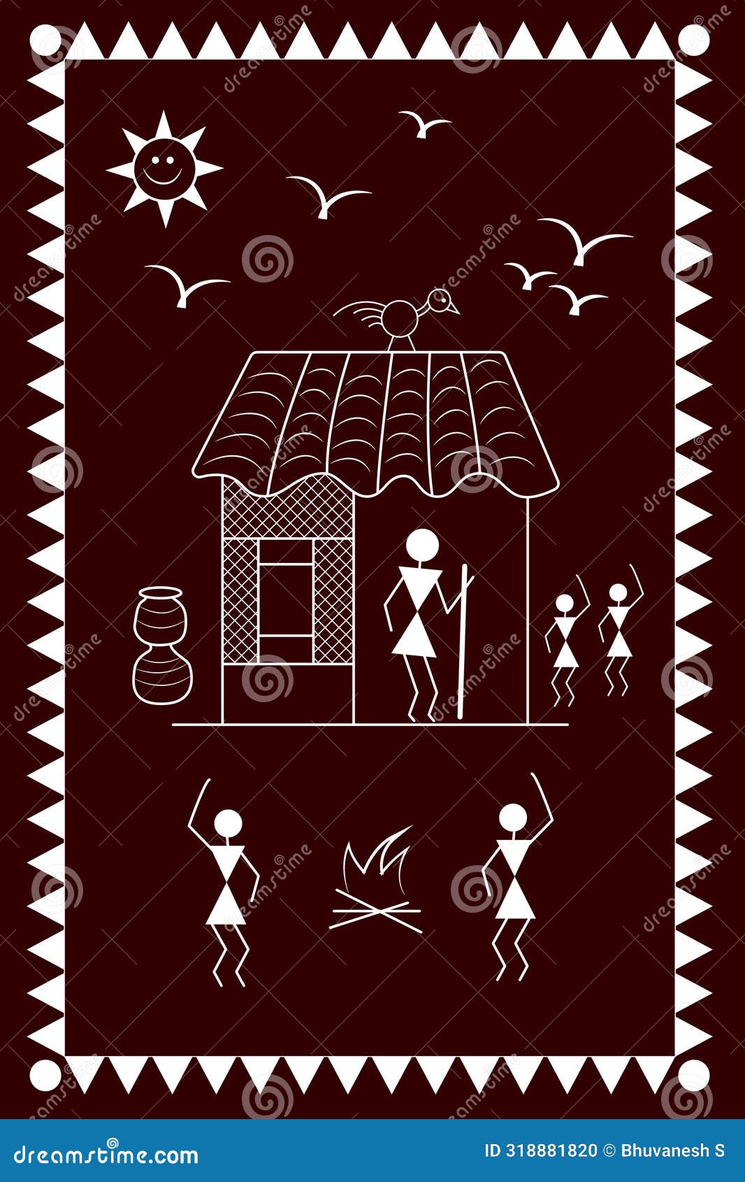 Abstract Painting of Warli Style Art in White Color Isolated on Dark ...