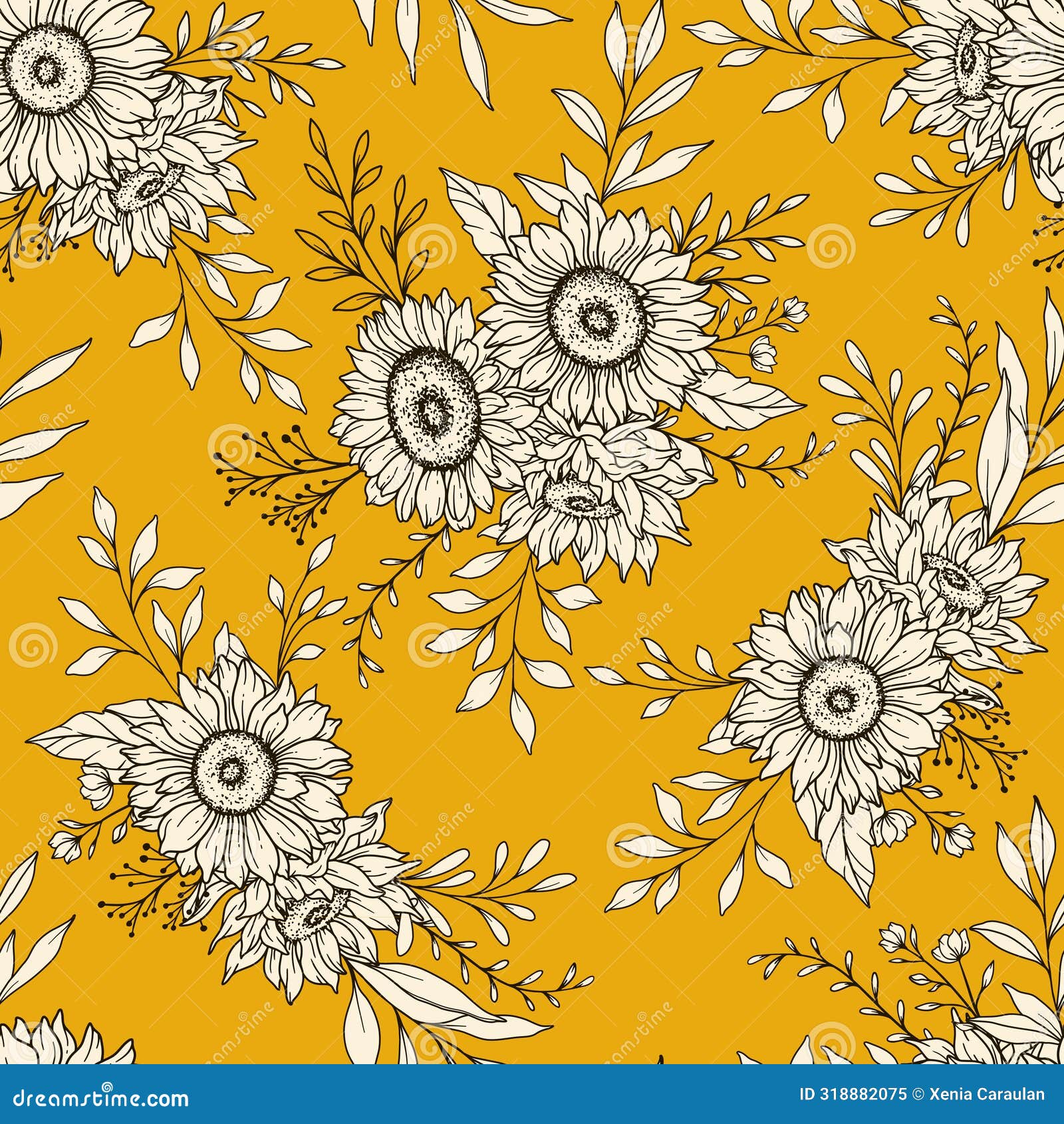 Sunflower Seamless Pattern. Floral Seamless Background. Line Art Flower ...